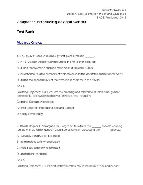 Bosson The Psychology Of Sex And Gender Quiz Chapter 1 Answers Bosson The Psychology Of