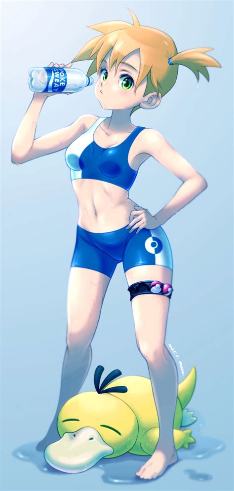 Misty Pokemon Psyduck Nintendo Pokemon Pokemon Rgby Highres 1girl Barefoot Bike Shorts