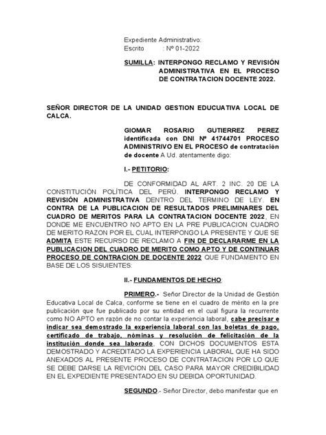 Sumilla Interpongo Revisión Administrativa Ante La Drep Puno Pdf