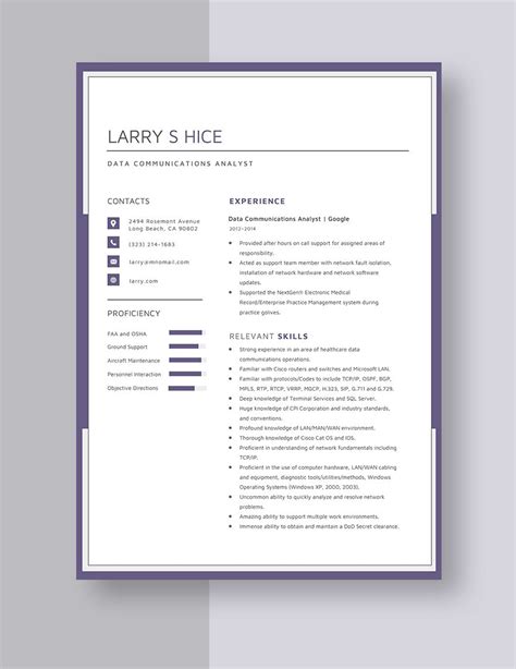 Data Communications Analyst Resume In Pages Word Download