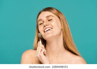 Cheerful Redhead Woman Freckles Using Jade Stock Photo Shutterstock