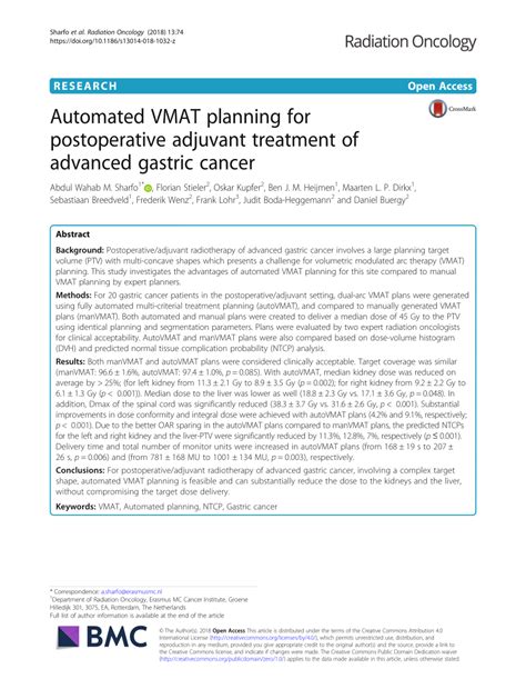 Pdf Automated Vmat Planning For Postoperative Adjuvant Treatment Of Advanced Gastric Cancer