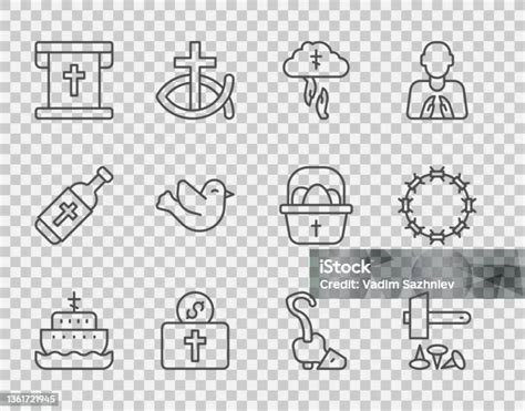 노아의 세트 라인 방주 십자가 에 예수 그리스도 하나님의 도움의 손길 교회에 대한 기부 기독교 십자가와 플래그 비둘기 매직 직원과 크라운 가시 아이콘 벡터 가시에 대한 스톡