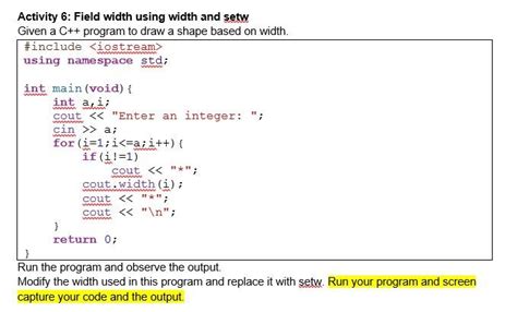Solved Activity Field Width Using Width And Setw Given A Chegg