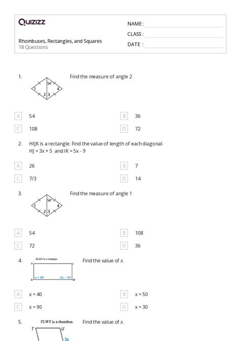 Properties Of Rhombuses Rectangles And Squares Worksheets