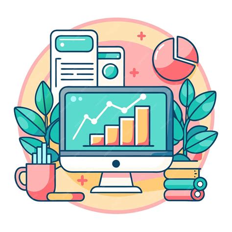 Computer Monitor With A Bar Chart And Line Graph Surrounded By Colorful Icons And Plants