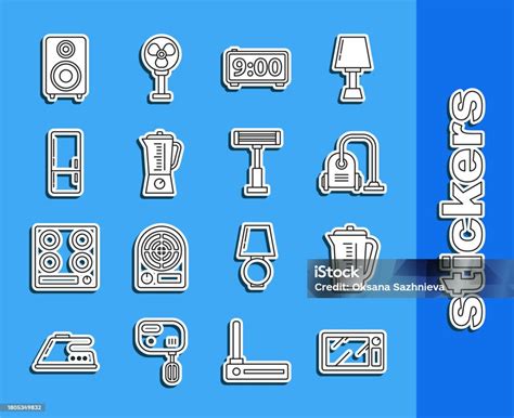 전자 레인지 계량컵 진공 청소기 디지털 알람 시계 믹서기 냉장고 스테레오 스피커 및 전기 히터 아이콘을 설정합니다 벡터 가사