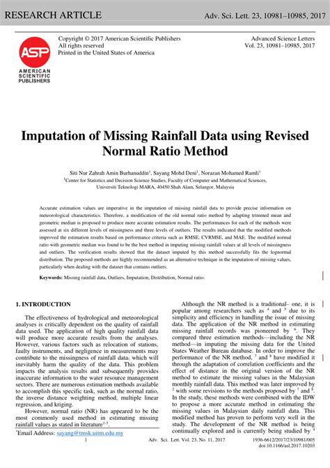 Pdf Imputation Of Missing Rainfall Data Using Revised Normal Ratio Method