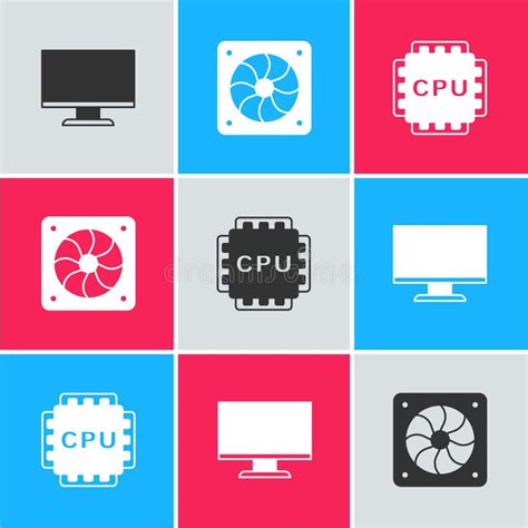Set Computer Monitor Screen Cooler And Processor With Cpu Icon Vector Stock Vector
