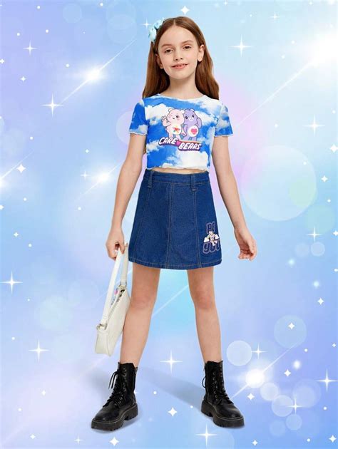 Shein X Care Bears Tween Girl Cartoon Graphic Denim Skirt Shein Usa