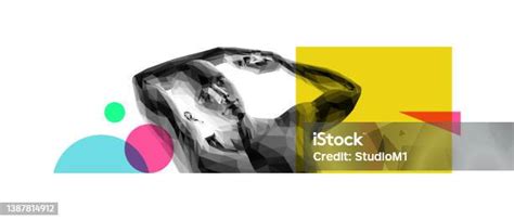 프리젠 테이션 전단지 또는 포스터를위한 미니멀 한 디자인 예술 디자인 좋은 유연성을 가진 강한 남자는 머리 위에 손을 제기 스포츠 운동을한다 모든 운동 전에 근육을 스트레칭