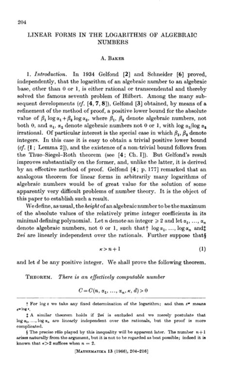 Linear Forms In The Logarithms Of Algebraic Numbers Baker 1966 Mathematika Wiley Online