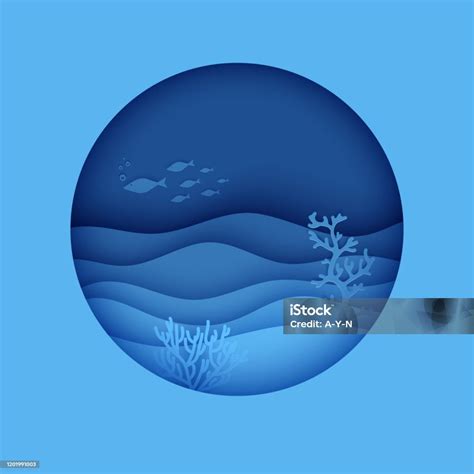 종이 컷 스타일로 잠수함의 현관을 통해 수중 세계의 보기 벡터 종이 컷 파도 둥근 프레임에 열대 해양 생물 수중 바다 다이빙 개념을 공예 세계 해양의 날 0명에 대한 스톡