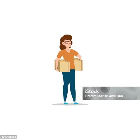 두 개의 상자를 들고 있는 동안 서있는 젊은 여성 택배 배달의 만화 캐릭터 일러스트 흰색 배경에 격리 된 평면 디자인 개념에 대한 스톡 벡터 아트 및 기타 이미지 Istock
