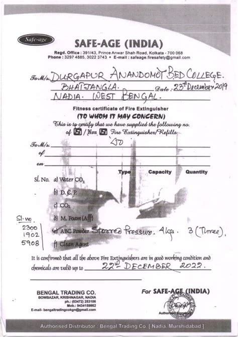Fire Safety Certificate Durgapur Anandamoy B Ed College