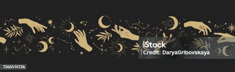손 올리브 잎 별자리 달과 별과 매직 원활한 벡터 테두리 골드 장식 장식 점성술 난해 타로 신비 마법에 대한 그래픽 패턴 럭셔리 우아한 디자인 타로 카드에 대한 스톡 벡터