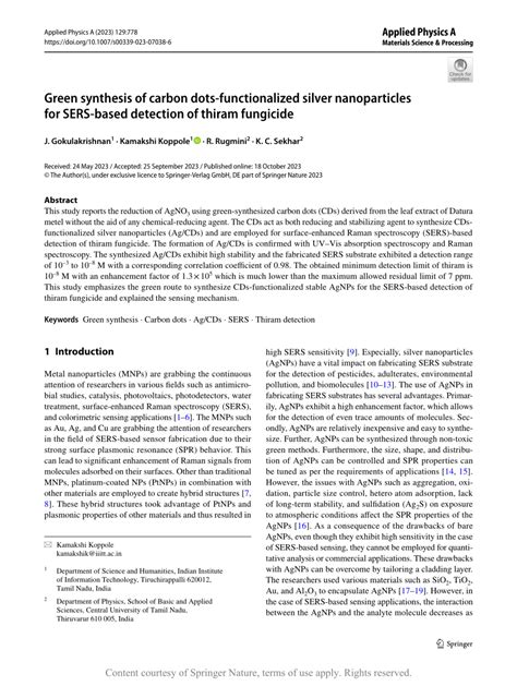 Green Synthesis Of Carbon Dots Functionalized Silver Nanoparticles For Sers Based Detection Of