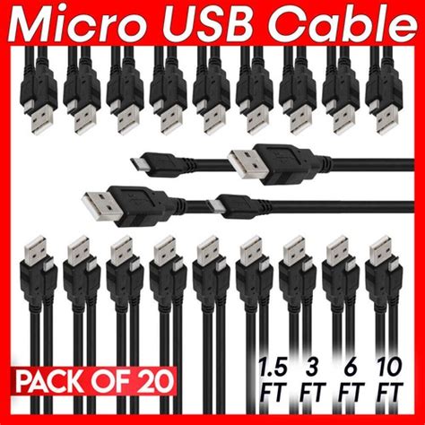 20 Pack Micro Usb Cable Usb 2 0 Data Sync Charge Pc Smartphone Car Dash