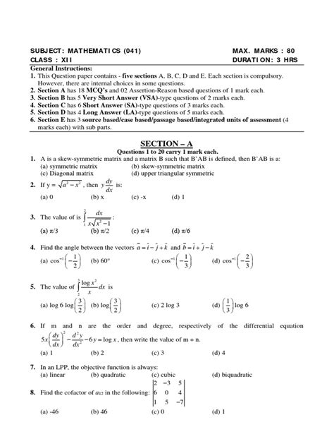 maths class xii sample paper test 6 for board exam 2024 pdf matrix