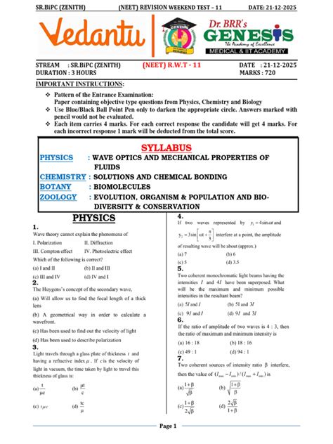 Sr Bipc Zenith Neet Revision Weekend Test 11 Dt 21 12 25