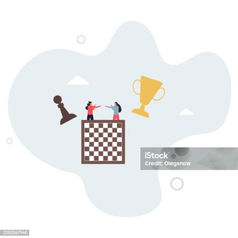 사람들 취미 및 좋아하는 활동여자는 컵에 대한 경쟁자를 라이벌합니다 체스와 보드 게임의 개념플랫 캐릭터 생활 개발에 대한 스톡