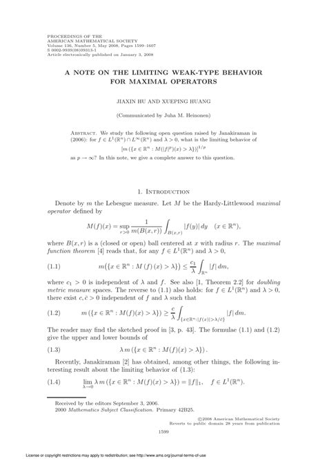 PDF A Note On The Limiting Weak Type Behavior For Maximal Operators