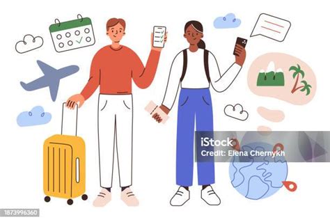 비행기로 여행하는 가족 해변 여행을 계획하는 다양한 커플 티켓 지구 수하물 만화 남자와 여자의 벡터 일러스트 레이 션과 손으로 그린 구성 휴가에 대한 스톡 벡터 아트 및
