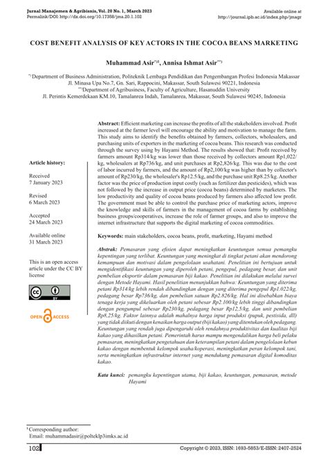 Pdf Cost Benefit Analysis Of Key Actors In The Cocoa Beans Marketing