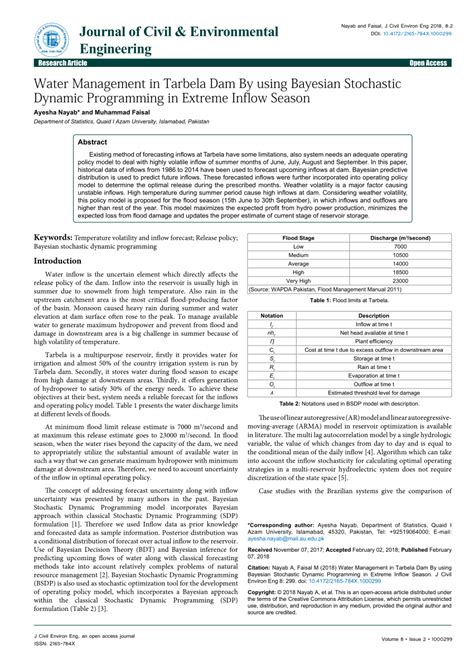 pdf water management in tarbela dam by using bayesian stochastic dynamic programming in