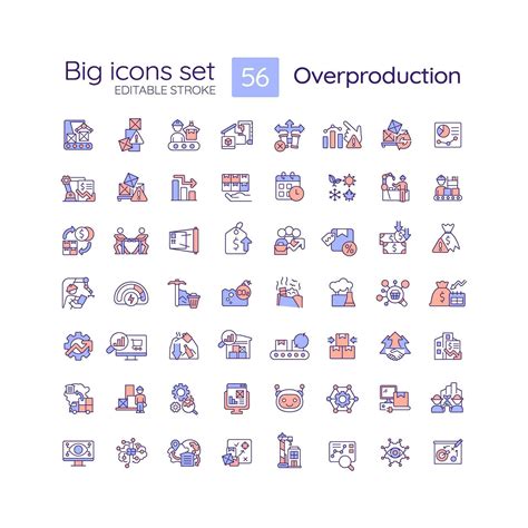 D Editable Big Line Icons Set Representing Overproduction Isolated Vector Multicolor Linear
