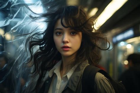 Premium Ai Image A Woman With Long Hair Standing In Front Of A Subway Train