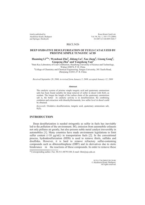 Pdf Deep Oxidative Desulfurization Of Fuels Catalyzed By Pristine