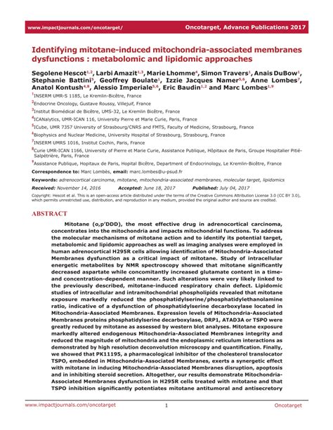 Pdf Identifying Mitotane Induced Mitochondria Associated Membranes