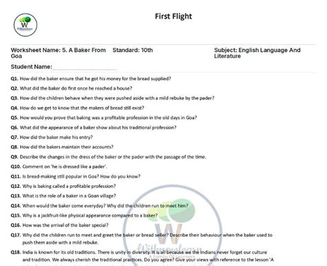 A Baker From Goa Class 10 Worksheet With Answers