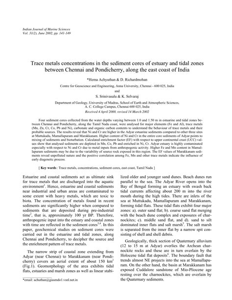 Pdf Trace Metals Concentrations In The Sediment Cores Of Estuary And