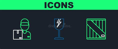 Set Line Wooden Box Delivery Man With Cardboard Boxes And Fragile