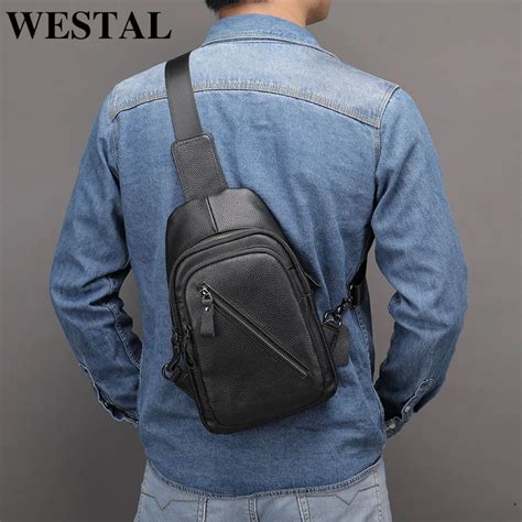 Westal 남성용 정품 가죽 숄더백 남편 크로스 바디 백 남성용 체스트 백 고품질 크로스 백 블랙 9053