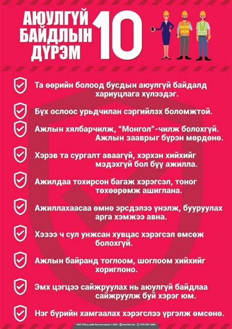 Аюулгүй байдлын 10 дүрэм Самбар Зурагт хуудас Аюулгүй ажиллагааны дүрэм ХАБЭА журам