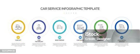 자동차 서비스 관련 프로세스 인포그래픽 템플릿 프로세스 타임라인 차트 선형 아이콘이 있는 워크플로 레이아웃 속도계에 대한 스톡