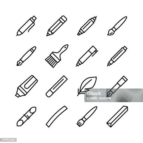 드로잉 서예 레터링 스케치 플랫 라인 아이콘 세트를위한 도구 아이콘에 대한 스톡 벡터 아트 및 기타 이미지 아이콘 붓 펜