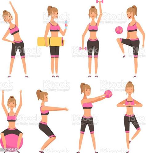 피트 니스 소녀입니다 여성 스포츠 캐릭터 무술 연습 하는 체육관에서 다양 한 액션 포즈 가냘픈에 대한 스톡 벡터 아트 및 기타 이미지 가냘픈 강사 개체 그룹 Istock