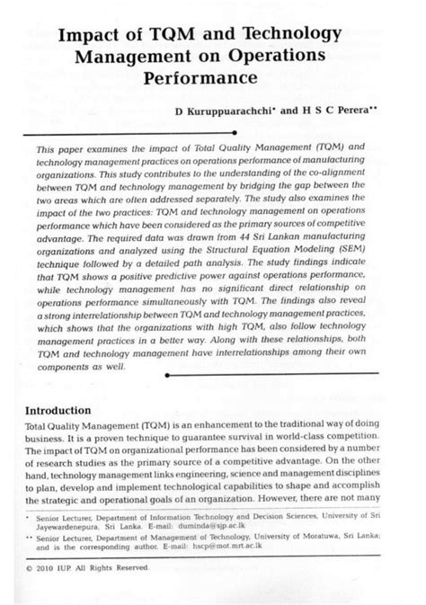 PDF Impact Of TQM And Technology Management On Operations Performance