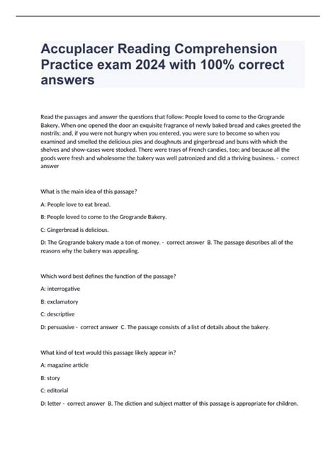 Accuplacer Reading Comprehension Practice Exam 2024 With 100 Correct Answers Accuplacer
