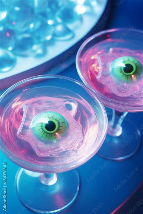 On Halloween Night Two Spooky Glasses Of Eerie Pink Liquid Filled With Floating Fake Eyeballs