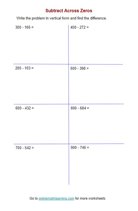 Subtract Across Zeros Worksheets Second Grade Printable