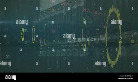 Image Of Circular Scanner Data Processing And Security Warning Text Over Computer Server Room