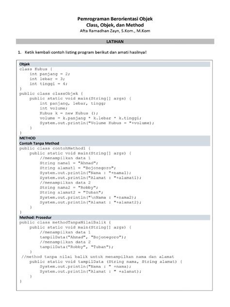 4 Pbo Class Objek Dan Method Latihan Dan Tugas Pdf