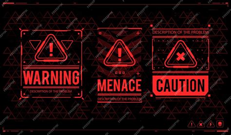 Hud 요소가 있는 개념적 레이아웃 경고 및 경고 주의 표시 미래형 사용자 인터페이스 요소가 포함된 레터링 현대 기술 스타일의 미래형 Skifi Ui 디자인 요소 주의