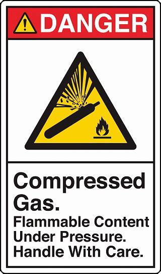 Ansi Z535 안전 표지 표시 라벨 기호 픽토그램 표준 위험 압축 가스 가연성 콘텐츠 압력 처리 시 텍스트 세로 화이트 0명에 대한 스톡 벡터 아트 및 기타 이미지