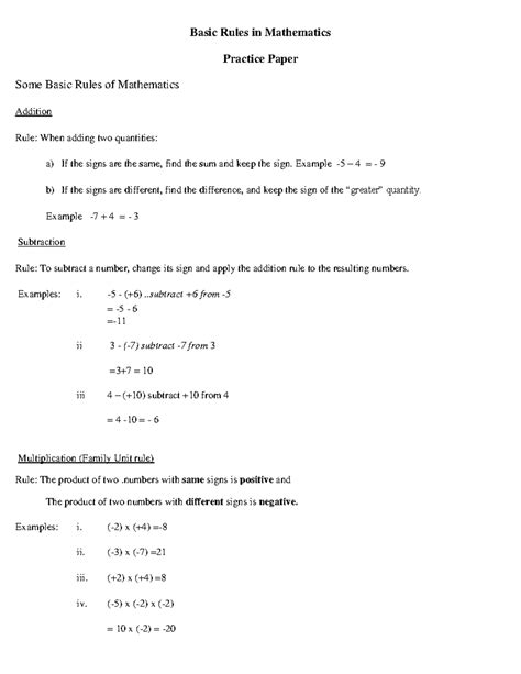 Basic Rules In Math Basic Rules In Mathematics Practice Paper Some